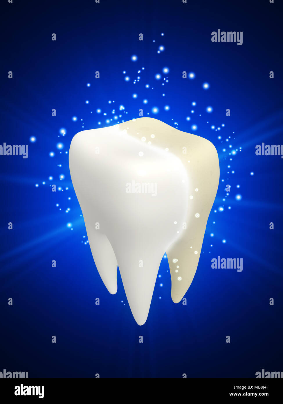 Cleaning tooth process. One human tooth and magic sparks around on blue ...