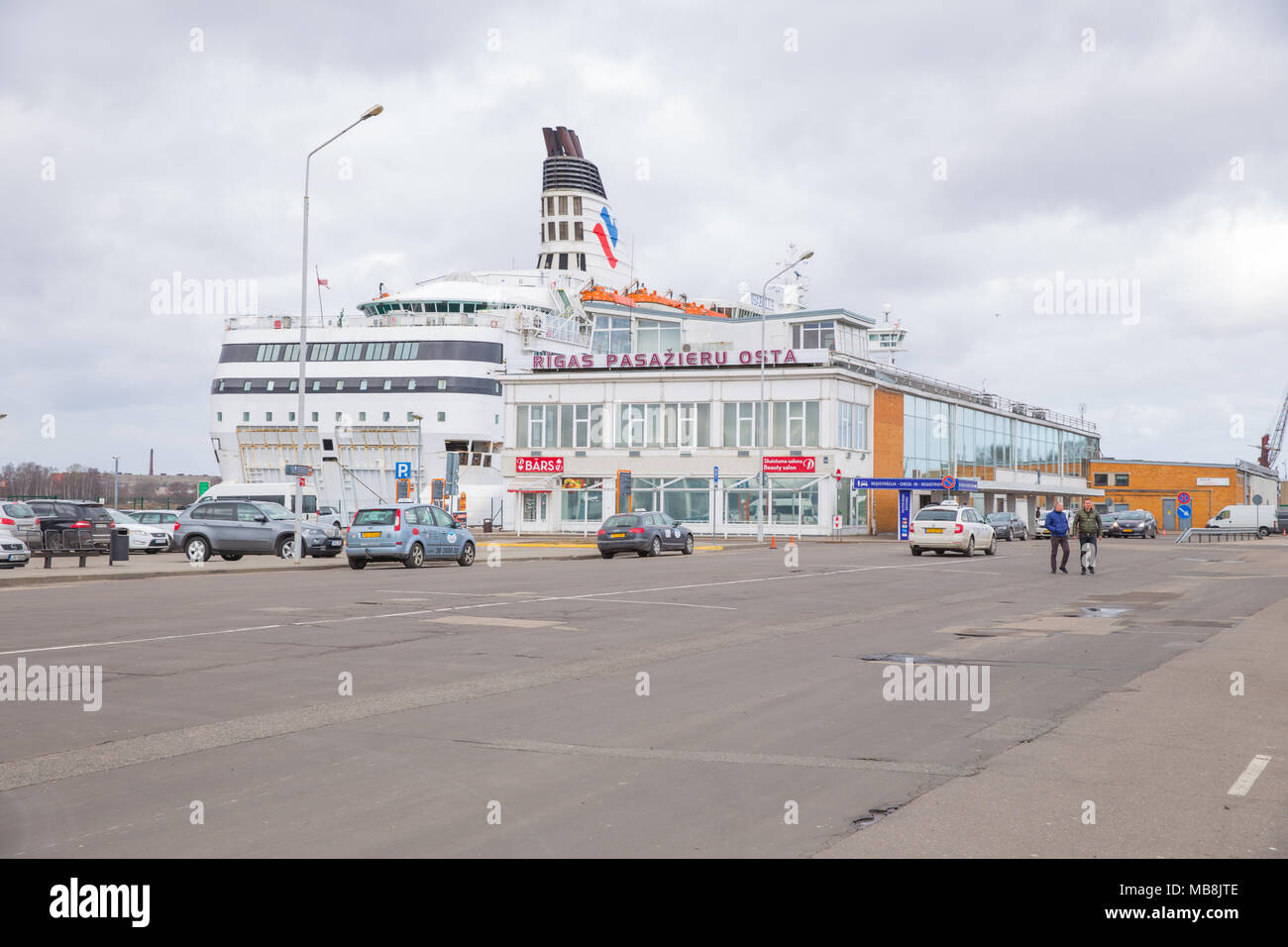 City Riga, Latvia. Tallink ship at Riga port. Urban city view. Sunny ...