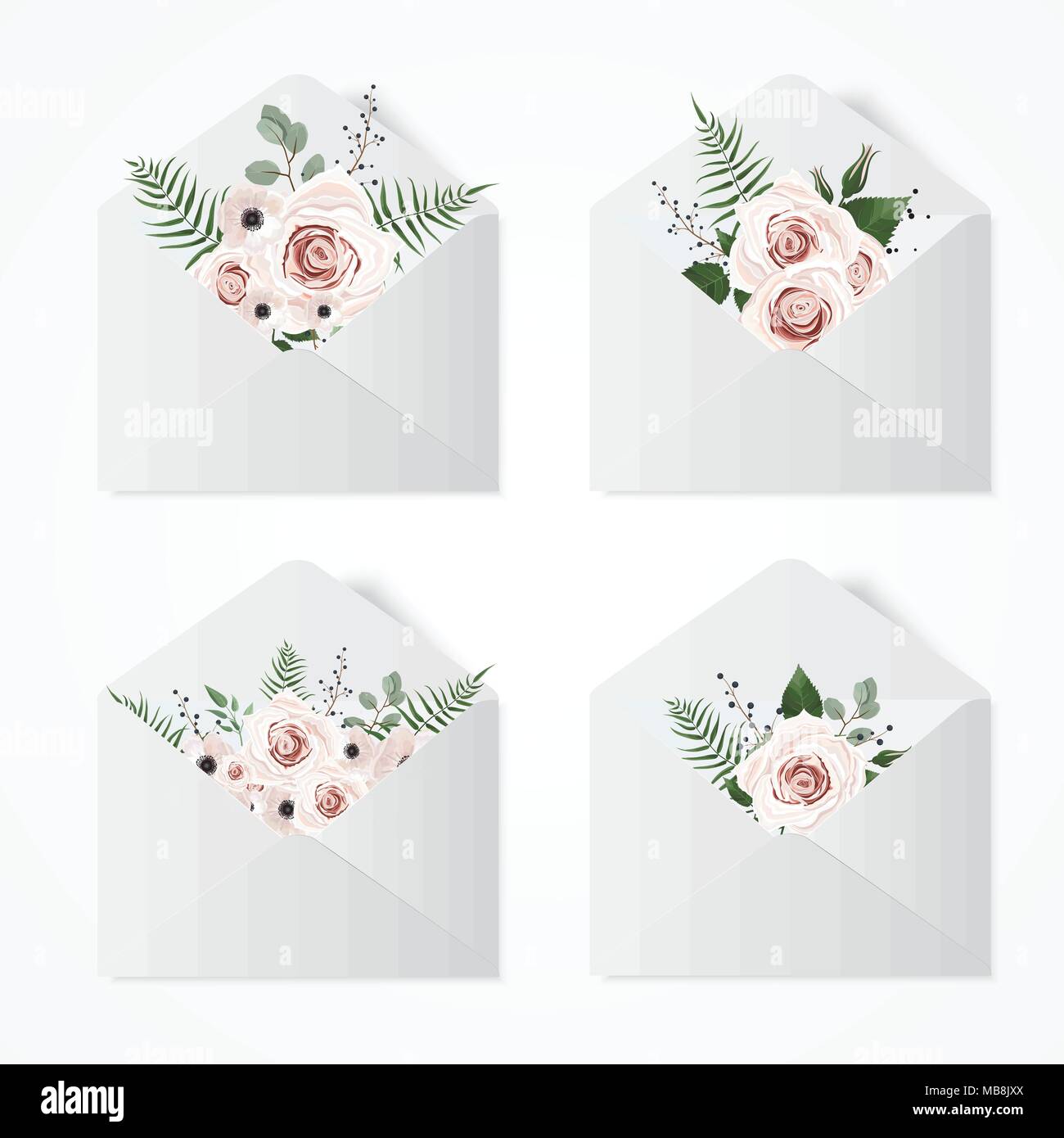 Set opened envelope with flowers. Illustration with white envelopes and ...