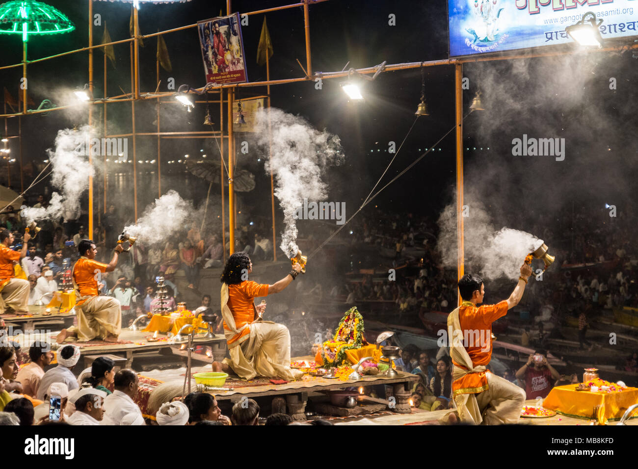 Men perform the nightly Hindu Puja Rituals in Varanasi, Uttar Pradesh ...