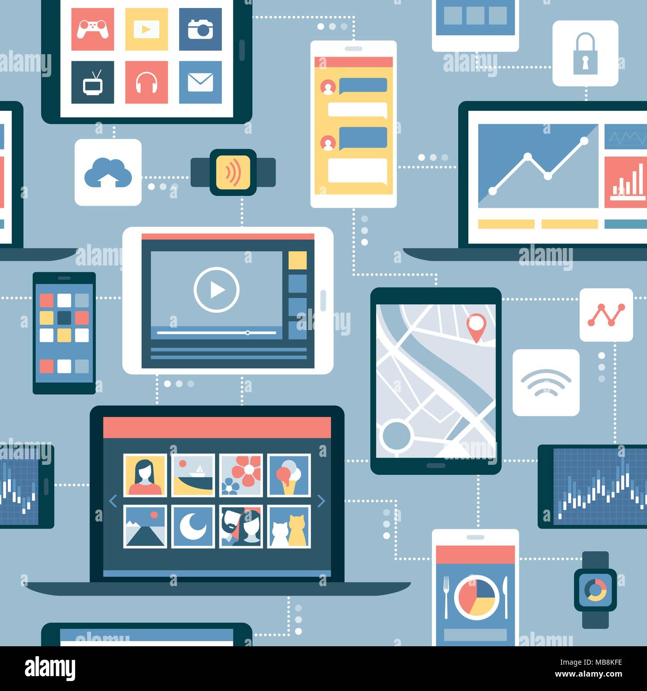 Network of computers and touch screen smart devices connecting online ...