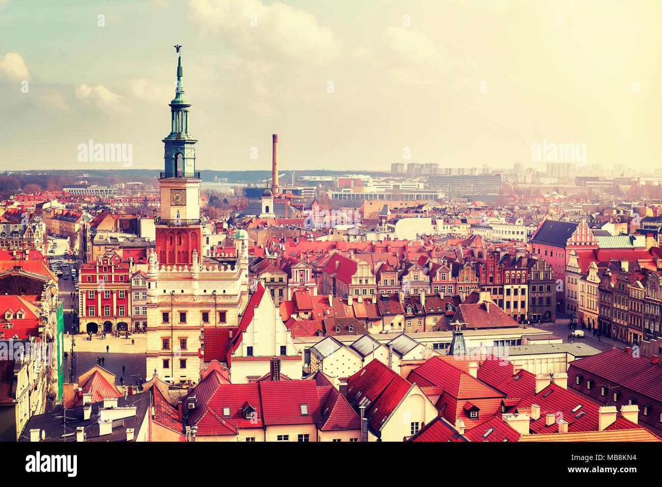 Aerial view of the Poznan Old Town, vintage color toned picture, Poland ...