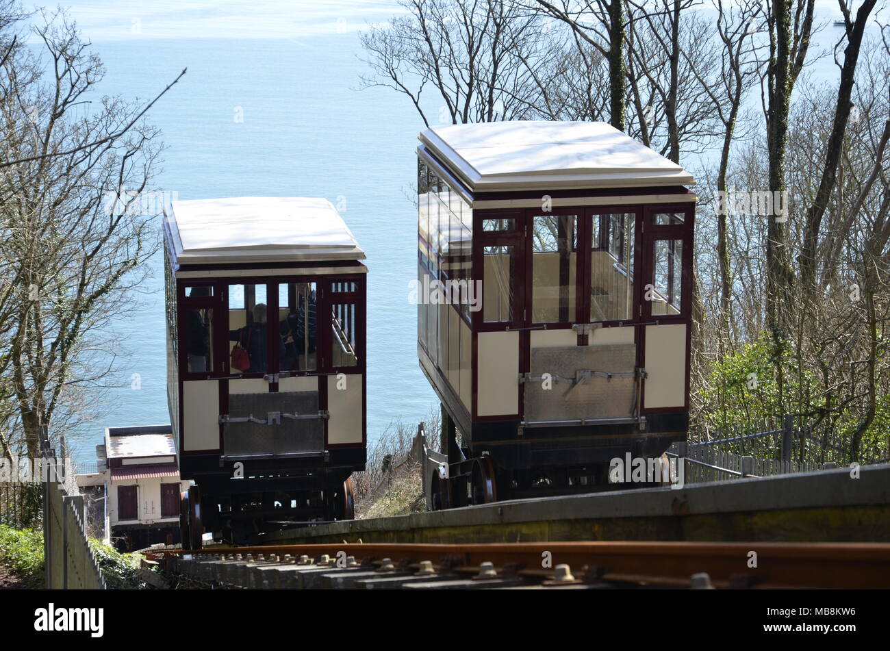 The Babbacombe Clff railway funicular between Babbacombe Downs and ...