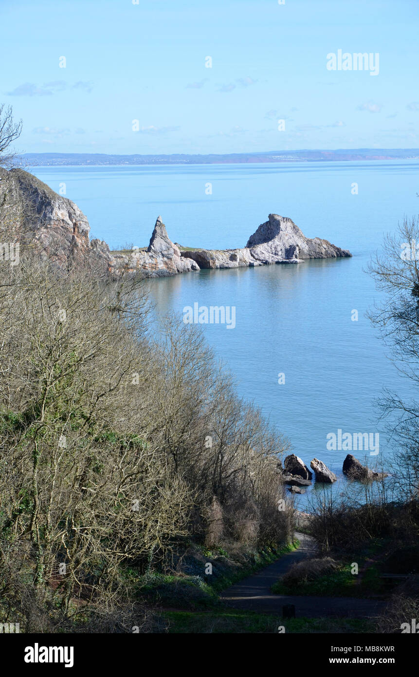 Sea stacks and cliffs along Babbacombe Bay in Devon, England Stock ...