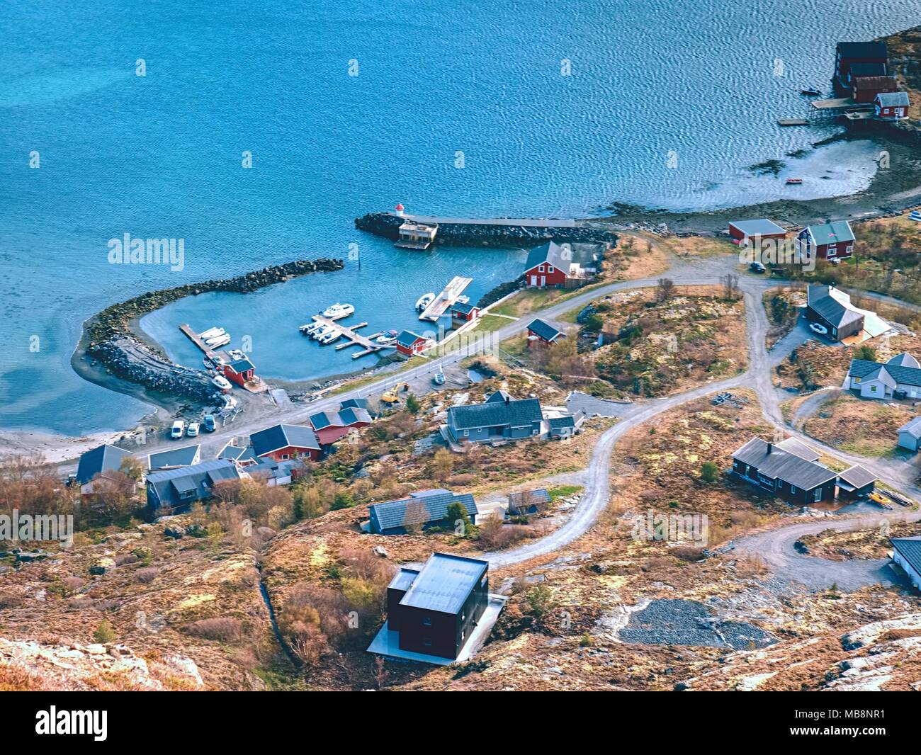 Norway Scandinavia landscape. Aerial view to bay with fishing village ...