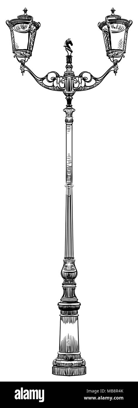 Hand drawing old street lamp vector monochrome illustration in black ...