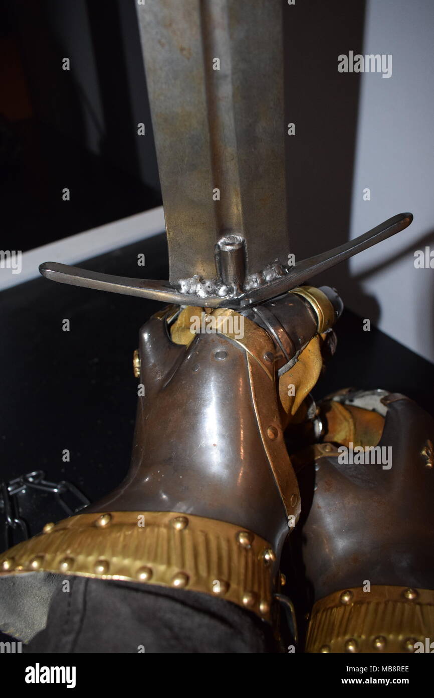 Medieval knight's gauntlet and sword interactive display in the Royal ...