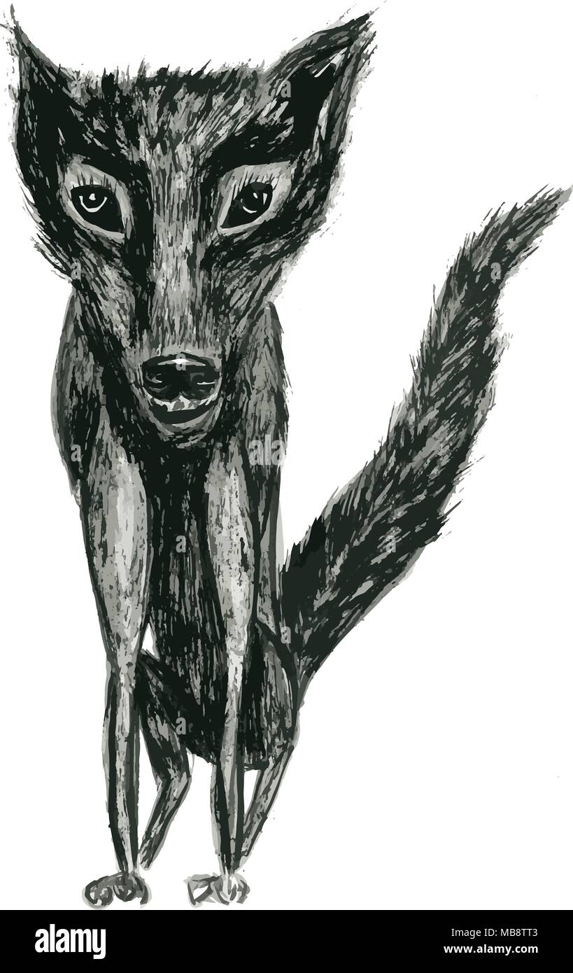 Ink Wolf in monchrome, Sitting Wolf from front on - level, with tail ...