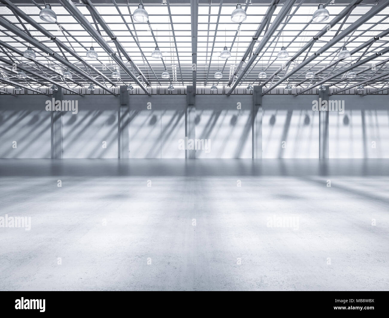 3d rendering empty factory interior with pendant lamps Stock Photo - Alamy