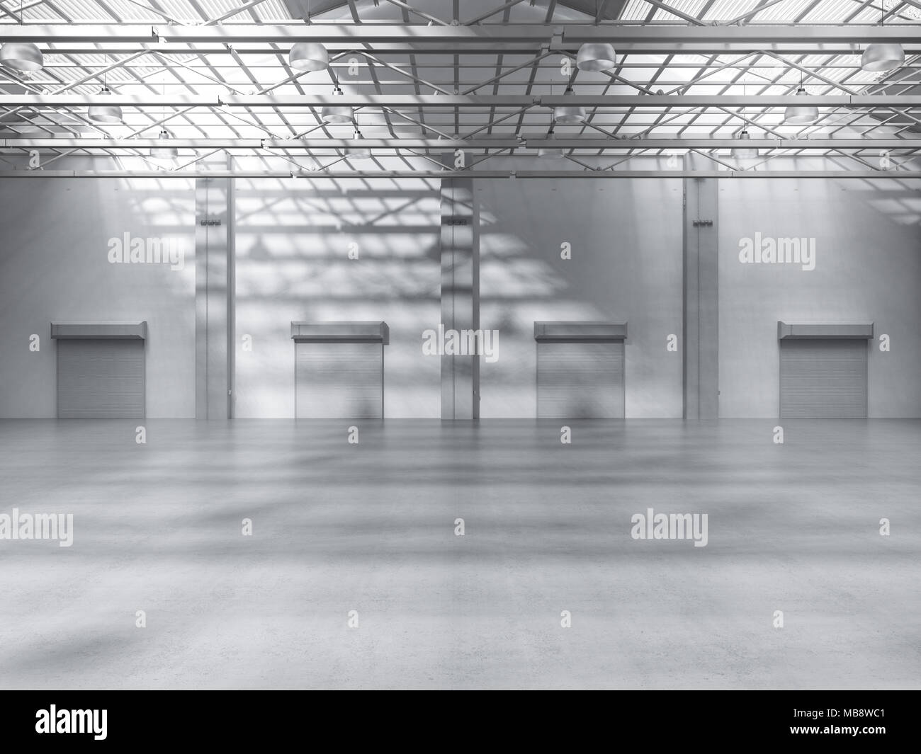 3d rendering empty factory interior with pendant lamps Stock Photo - Alamy