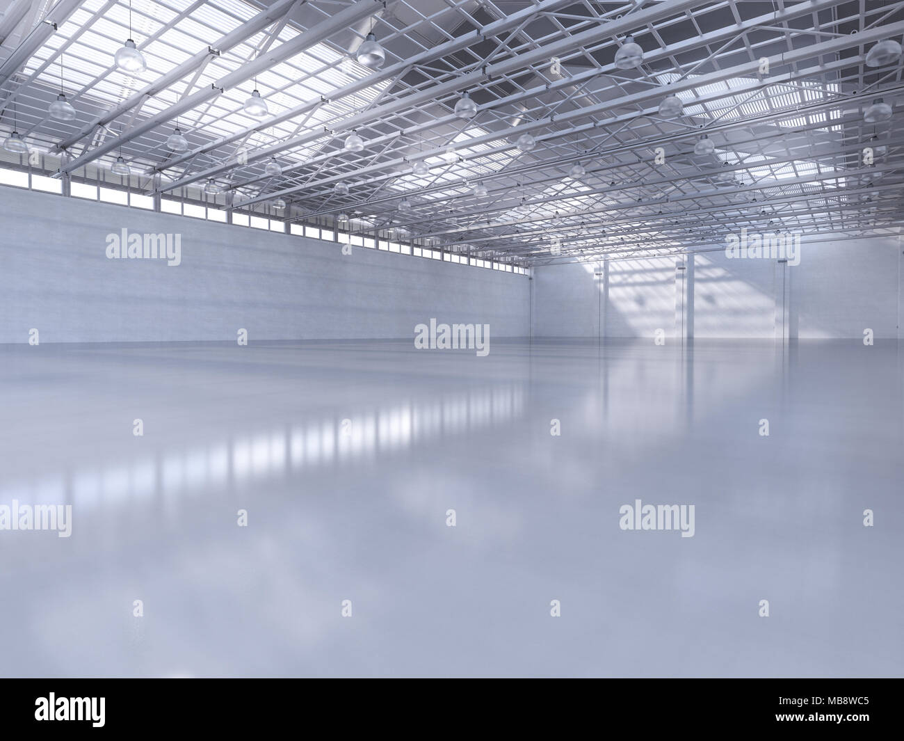 3d rendering empty factory interior with pendant lamps Stock Photo - Alamy