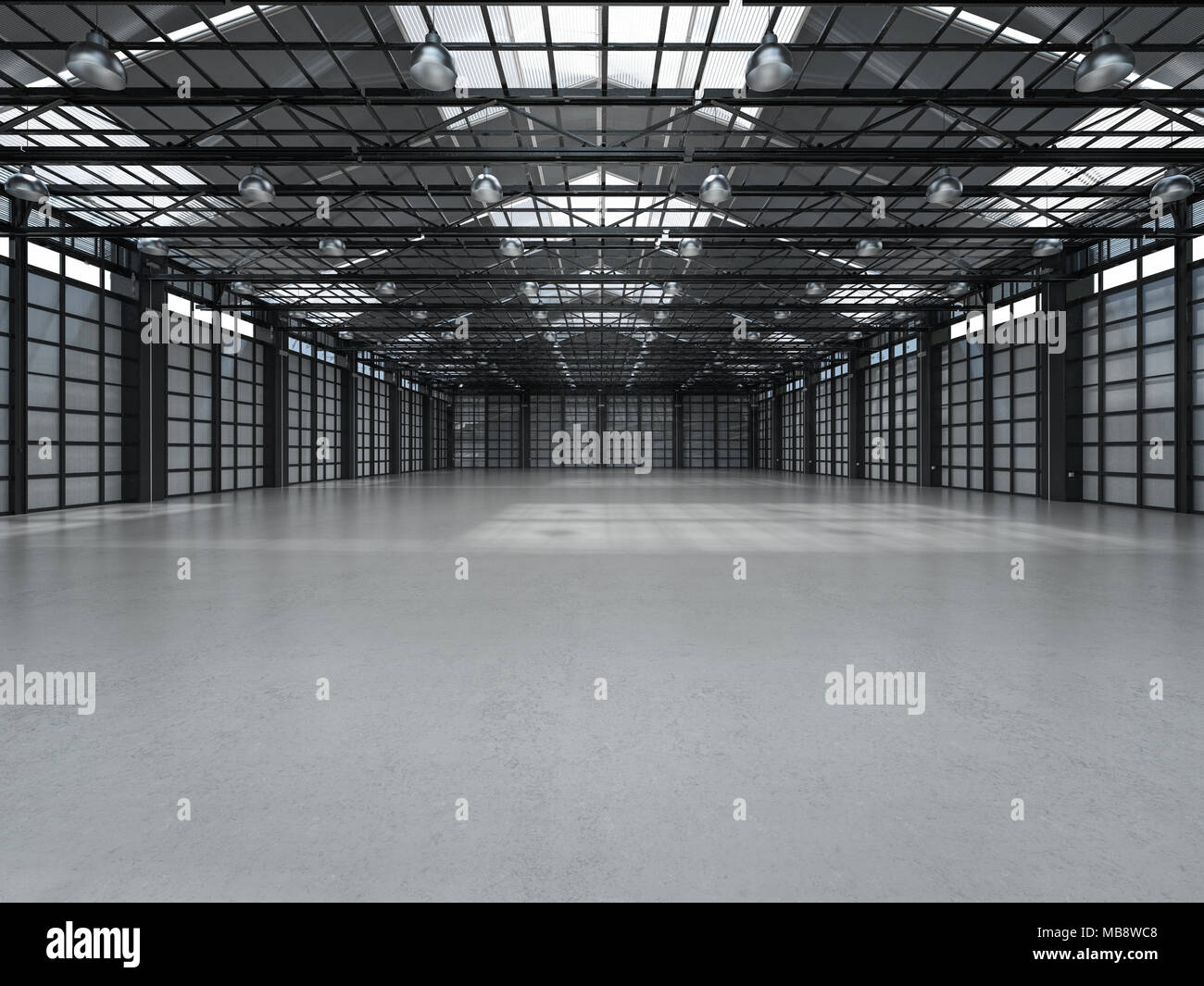 3d rendering empty factory interior with pendant lamps Stock Photo - Alamy