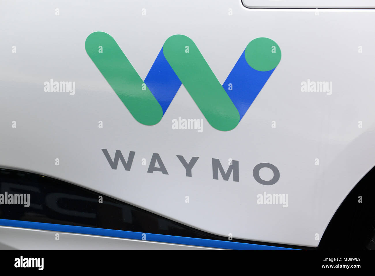 NEW YORK CIRCA APRIL 2018. WAYMO logo on prototype vehicle, which along ...