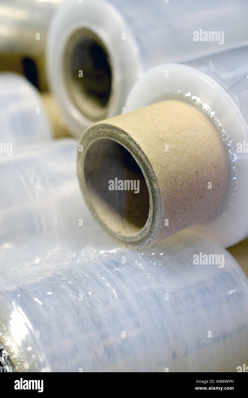 Plastic stretch film rolls vertical close up Stock Photo - Alamy