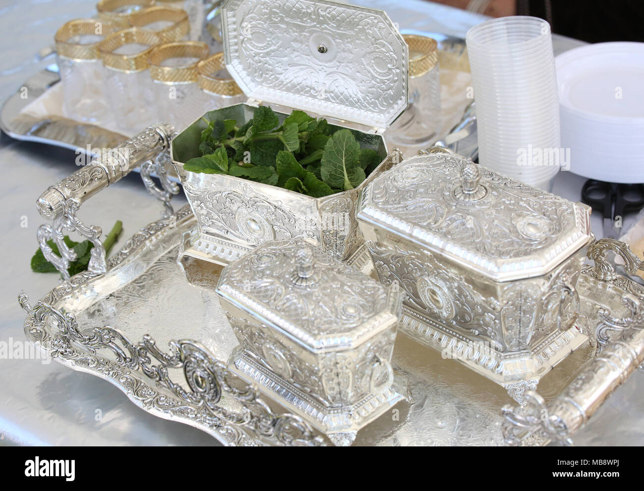 elegant silver tea service during the festival in North Africa Stock ...