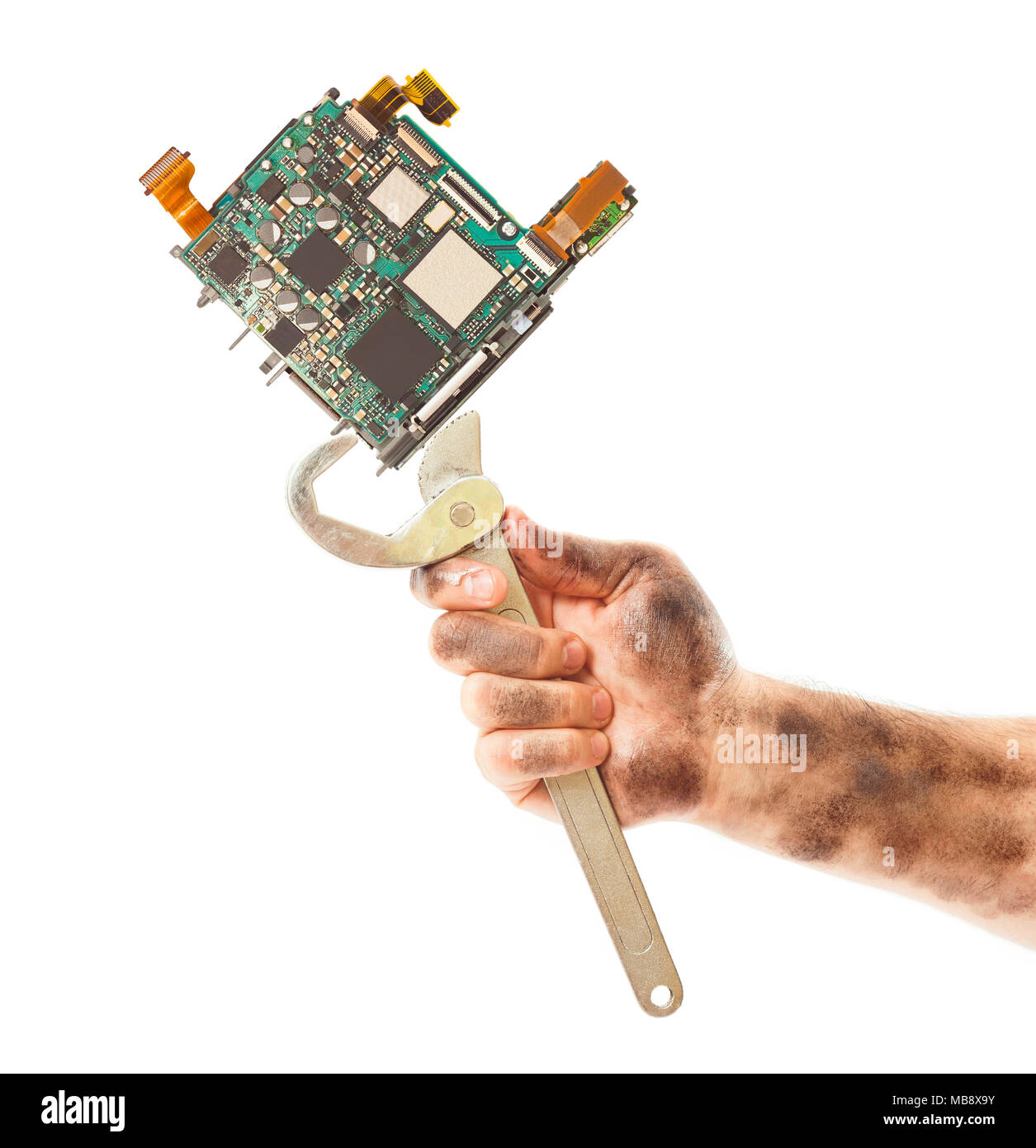 hand with wrench and it board for technology repair or service concept ...