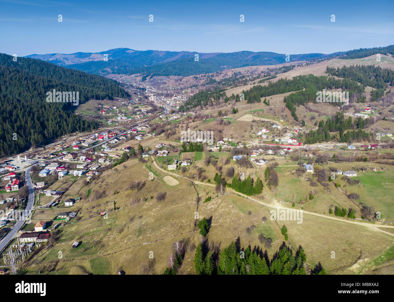 spring landscape in Romania, aerial view in countryside. Poiana ...