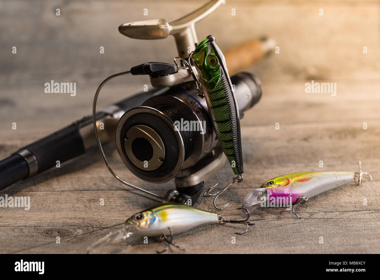 fishing tackle on a wooden table Stock Photo - Alamy