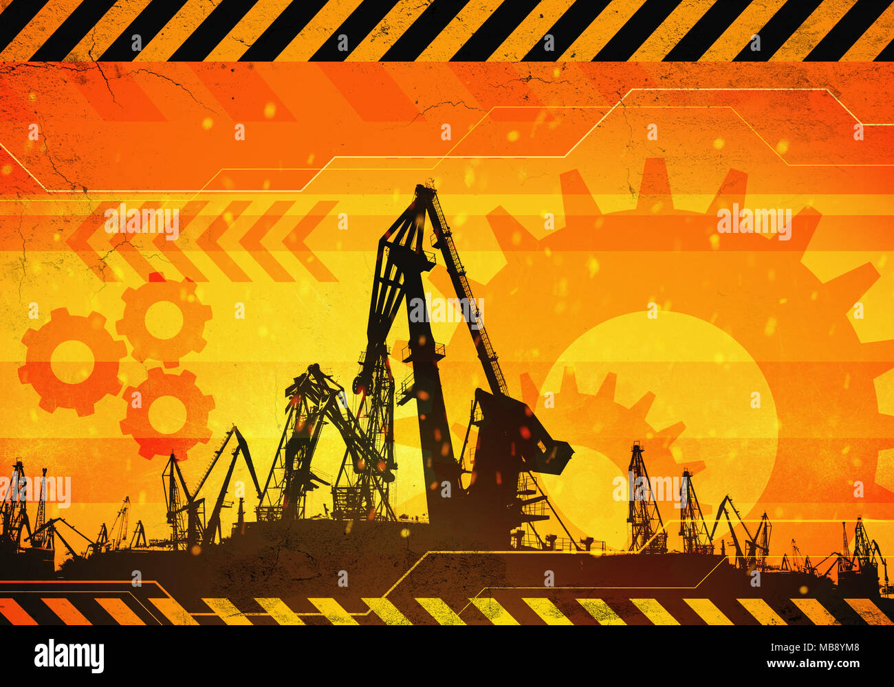 2d industrial illustration of under construction background with port ...