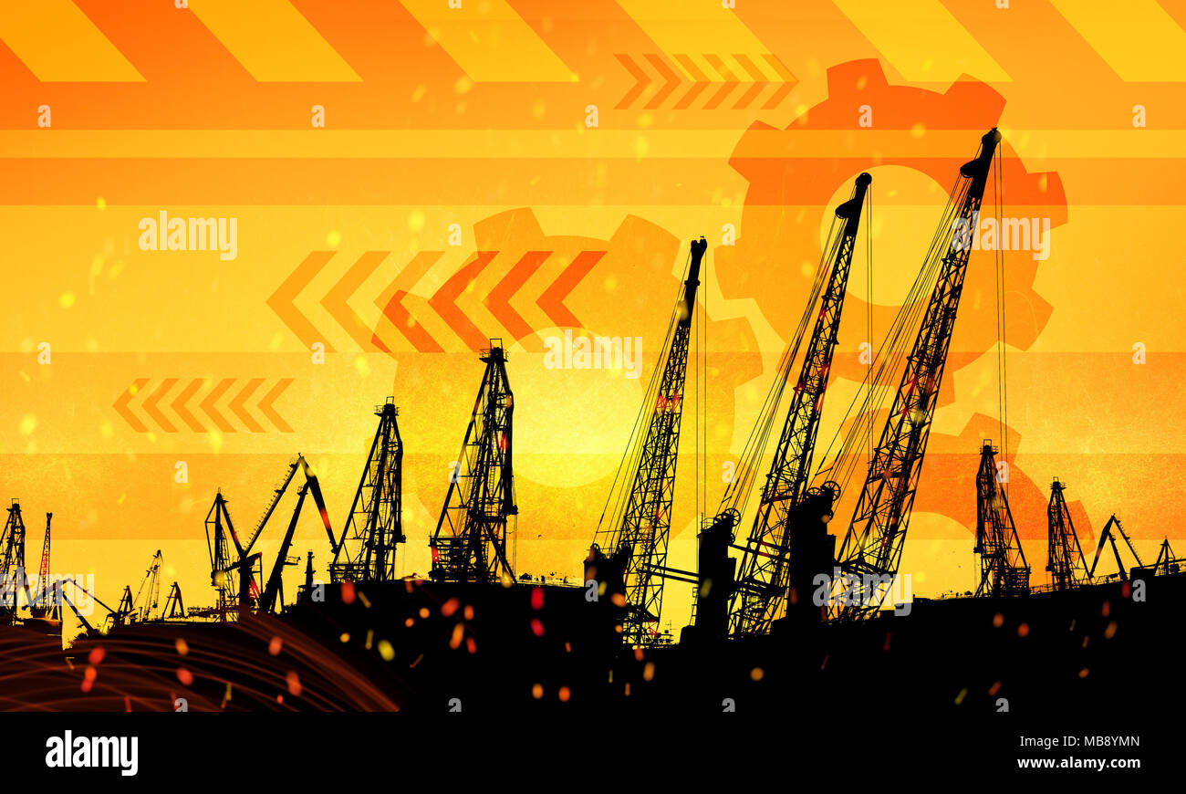 2d industrial illustration of under construction background with port ...