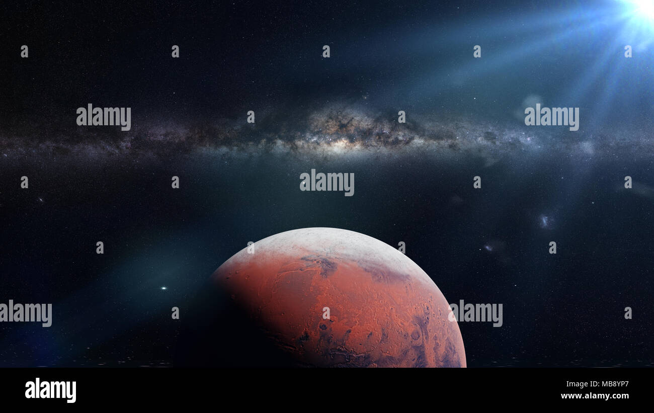 planet Mars during the Martian winter in front of the Milky Way galaxy ...