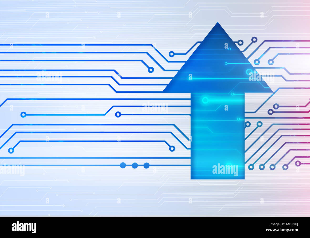 Abstract digital illustration of up arrow on circuit microchip ...