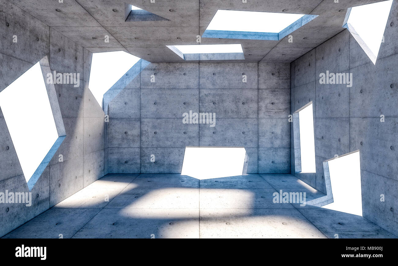 irregular windows on abstract concrete room 3d rendering image Stock ...