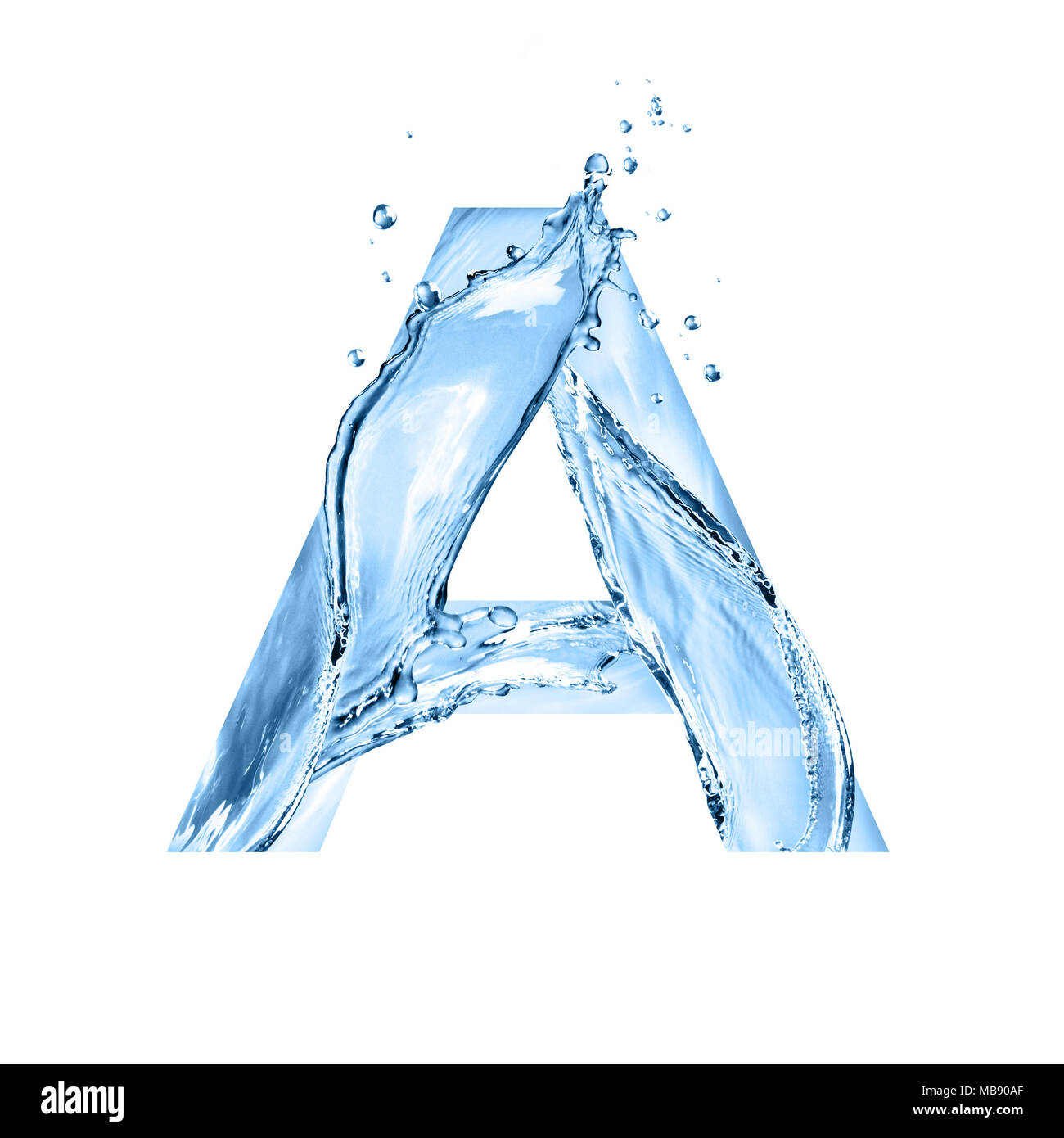 stylized font, text made of water splashes, capital letter a, isolated ...
