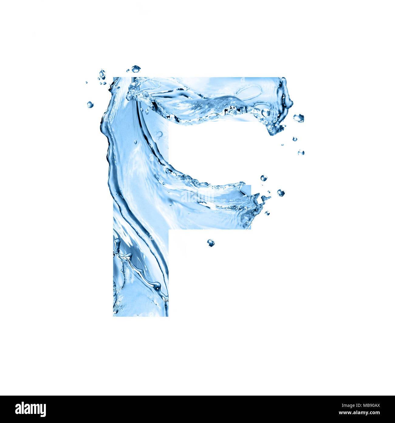 stylized font, art text made of water splashes, capital letter f ...