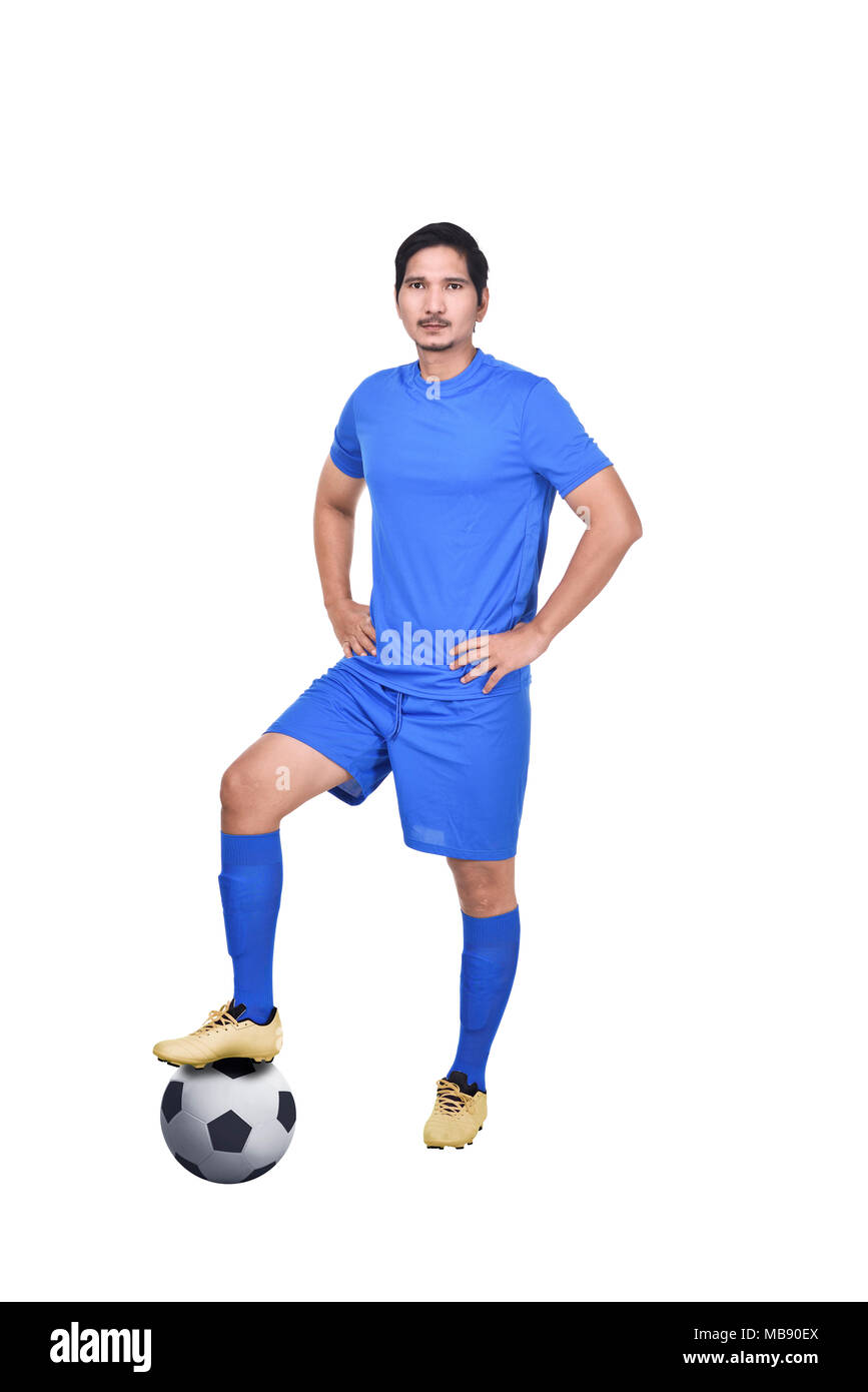 Portrait of asian soccer player with ball posing isolated over white ...