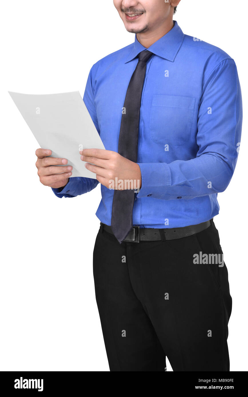 Business person holding white papers posing isolated over white ...