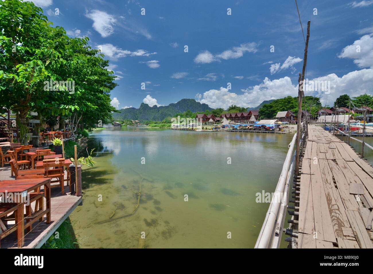 The bamboo bridge over Nam Song river. Vang Vieng. Vientiane province ...