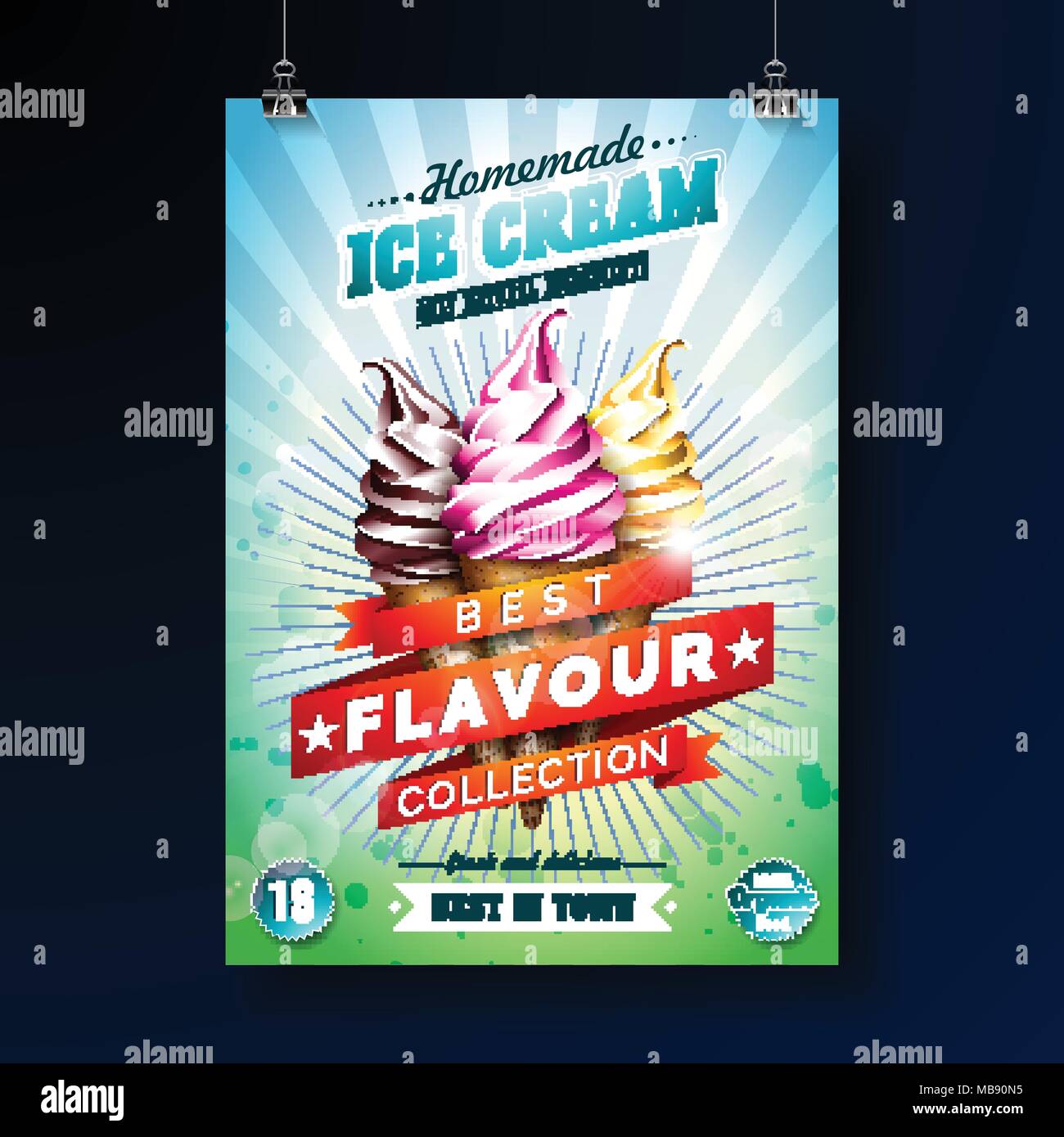 Ice Cream Poster Design With Delicious Dessert And Labelled Ribbon On