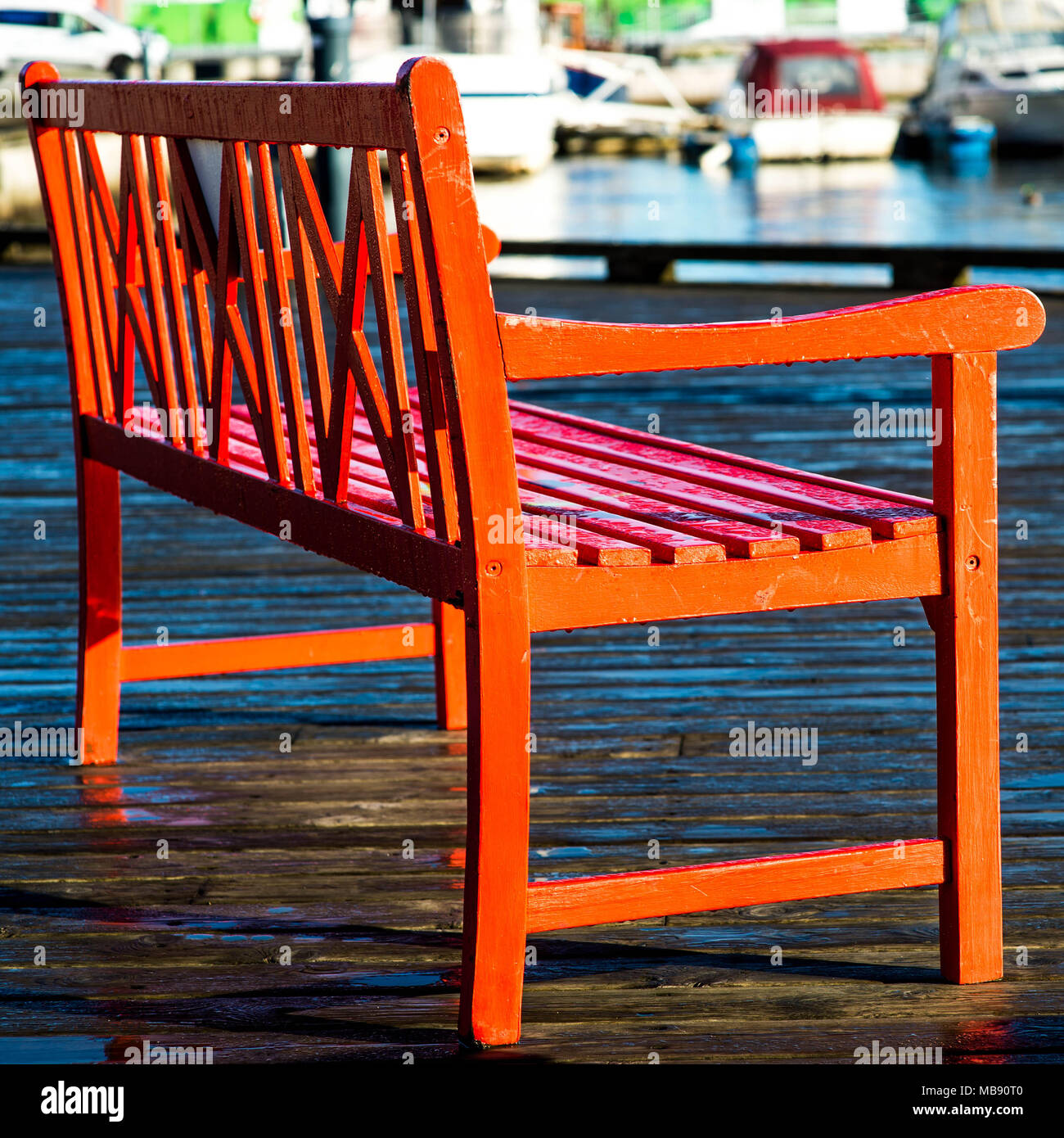 Close Up Of A Red Wooden Seat Or Bench On A Quayside In Sandnes Norway ...