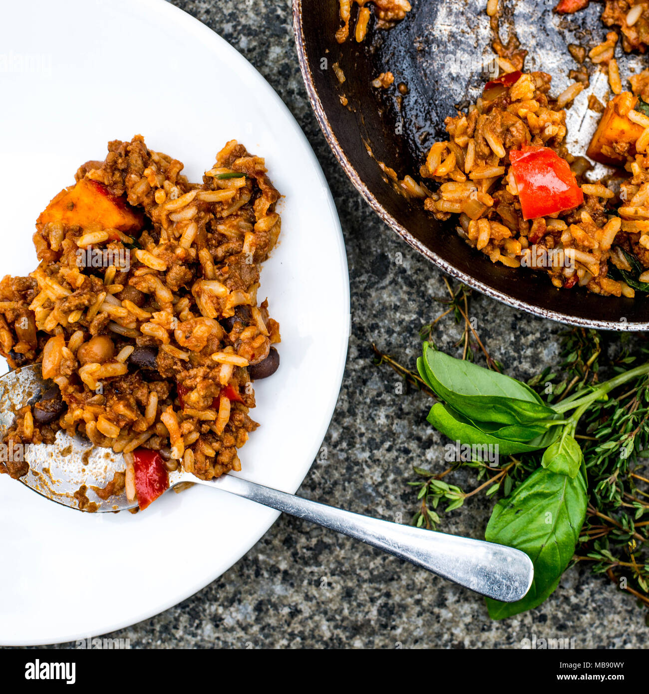 Cooking And Serving Italian Style Beef Risotto On A White Plate Stock ...