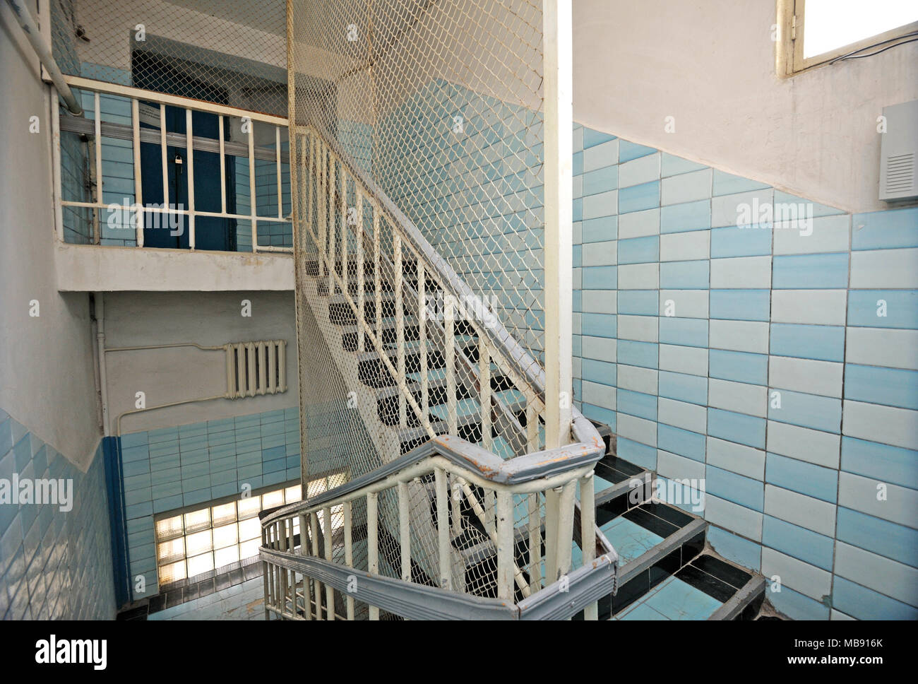 Part of prison hallway, bars, stairs, doors of Lukyanovskoye detention ...