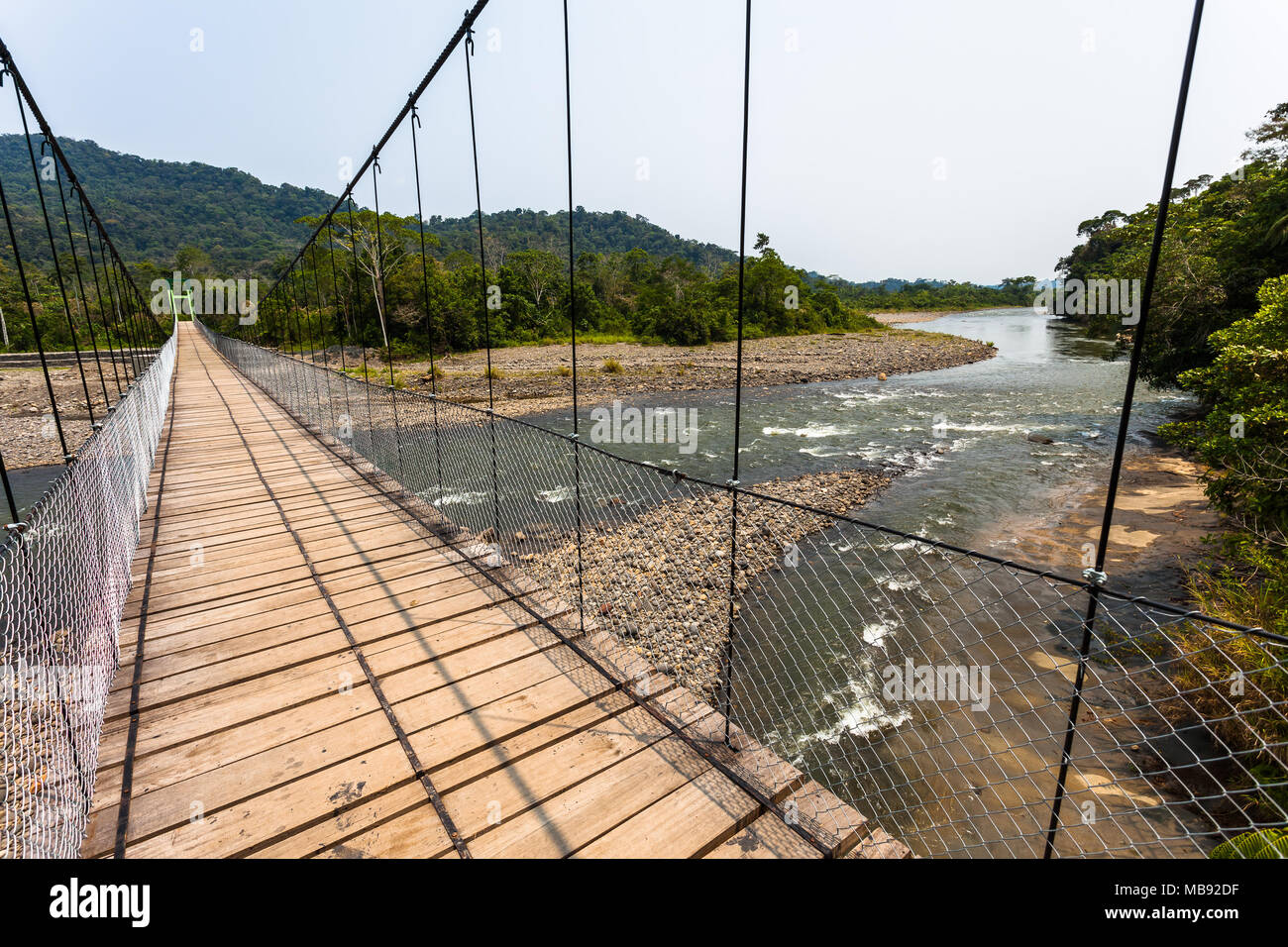 Hanging bridge over river Arajuno, Ecuadorian Amazon Stock Photo - Alamy