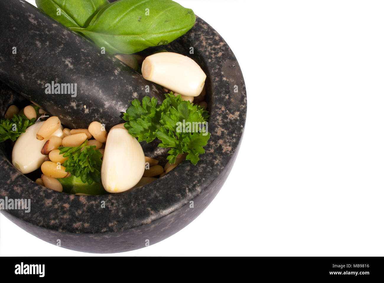 Close up mortar fresh ingredients isolated on a white background Stock ...