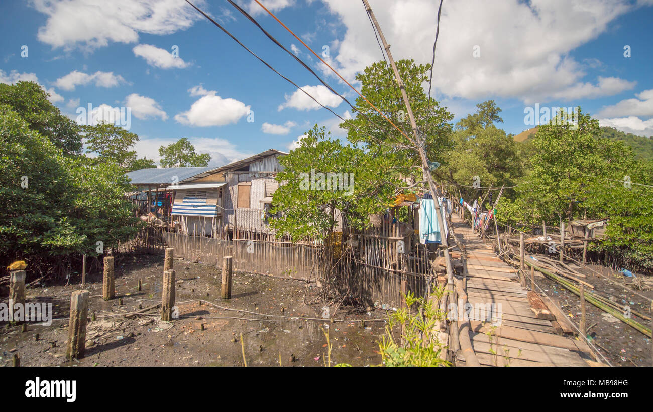 The bridge of the plaques in the poor district of Coron town. Busuanga ...