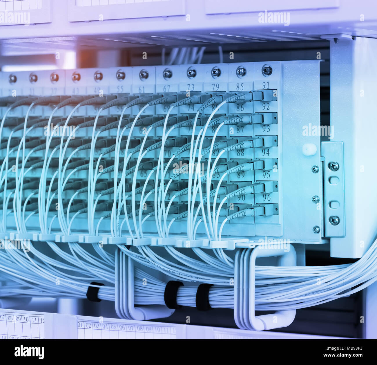fiber optic telecommunication equipment and patchcords inside a network ...