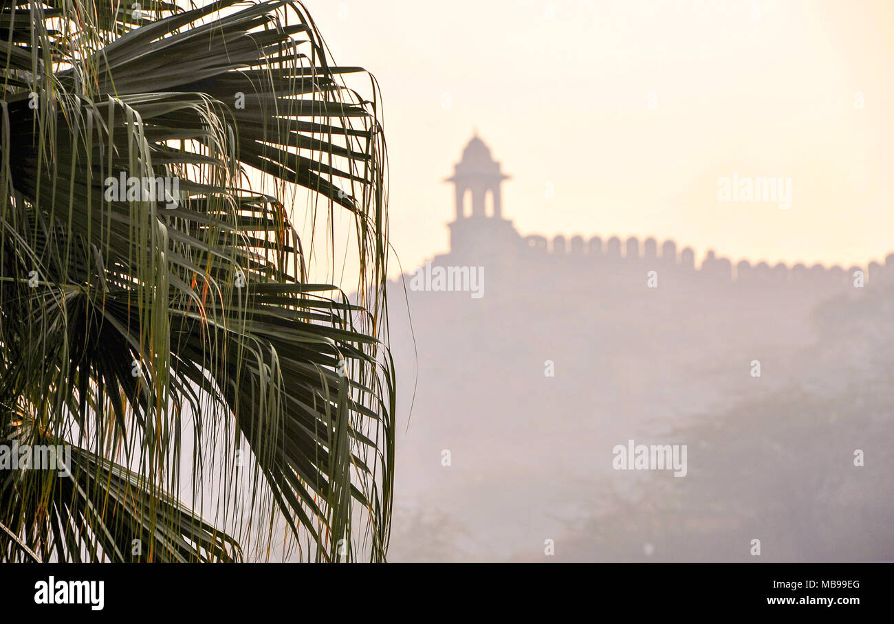 Hazy panorama of defensive wall of Jaigarh Fort Rajasthan, silhouetted ...