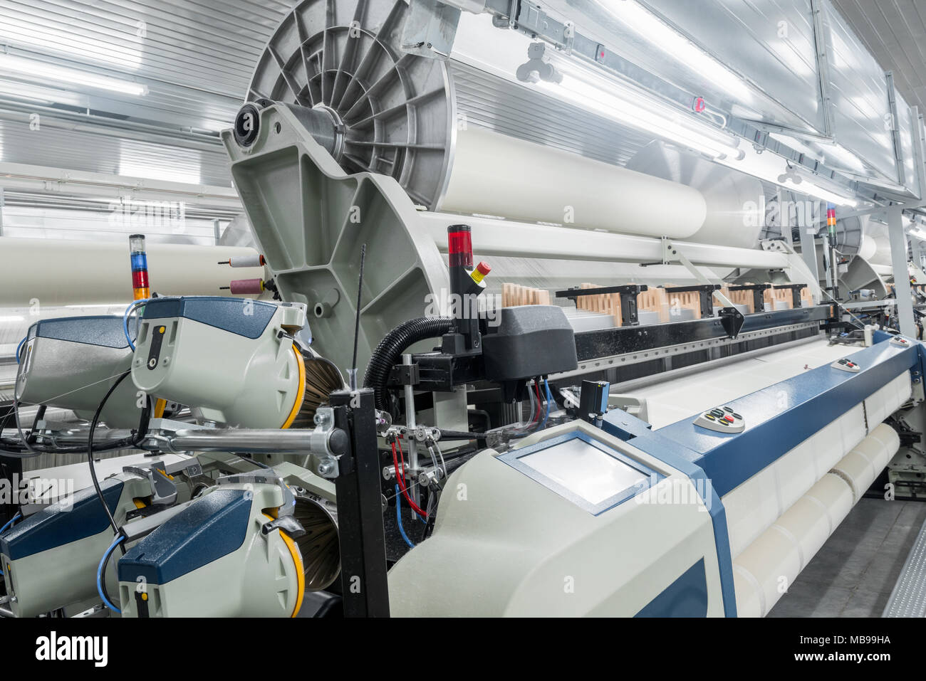 Machinery and equipment in the weaving shop, detailed review. interior ...