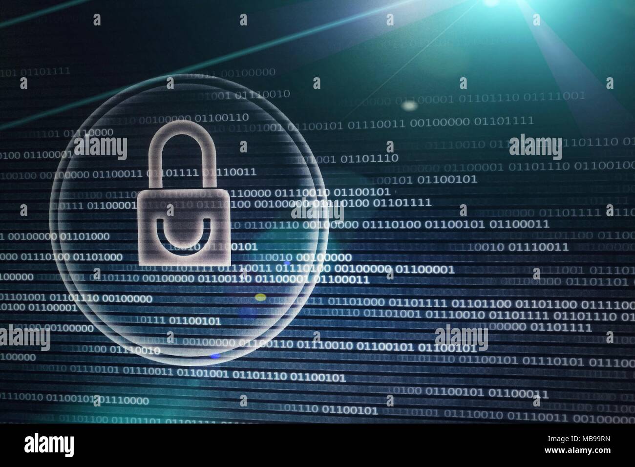 White graphic symbol of a padlock on binary computer display - computer ...