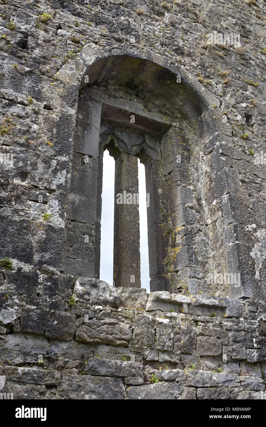 Arched medieval window in stone wall of ruins of Clare Abbey in Ireland ...