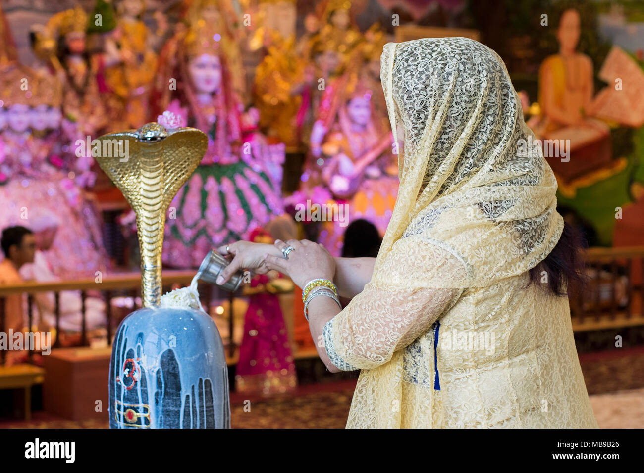 A Hindu woman makes an offering to the god Shiva at the Tulsi Mandir ...
