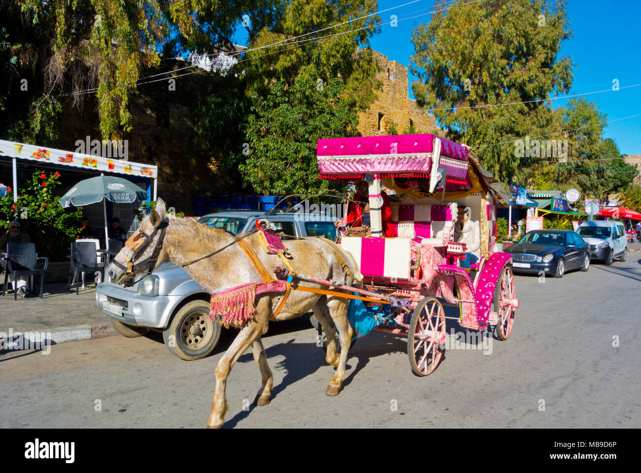 Caleche, horse drawn carriage, Avenue Hassan II, Assilah, northern ...