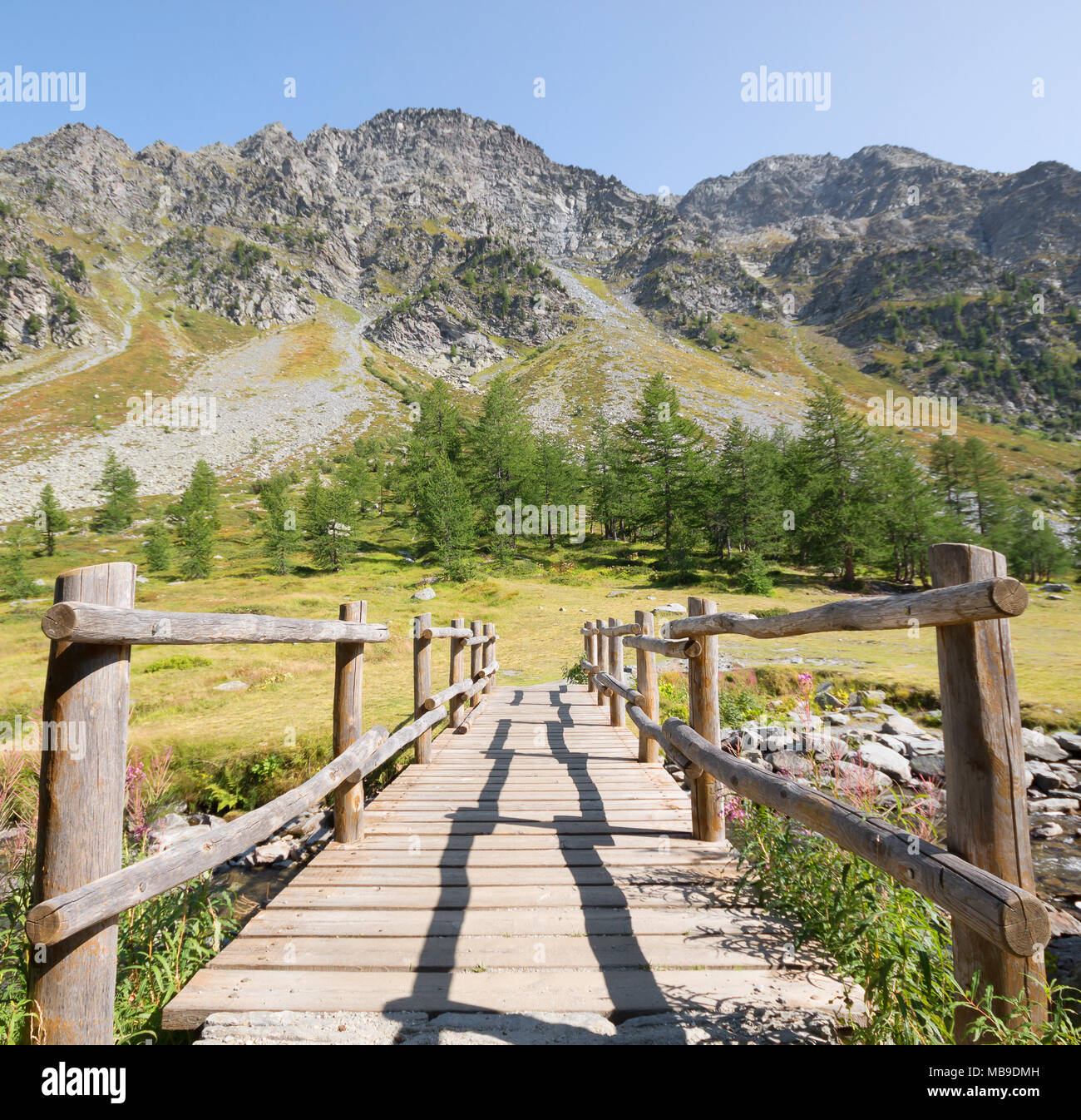 Mountain view with wooden bridge in nature landscape background Stock ...