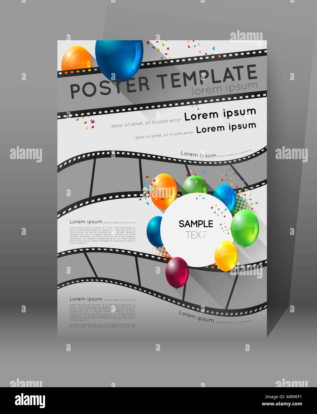 abstract movie poster template with film strips and colorful balloons ...