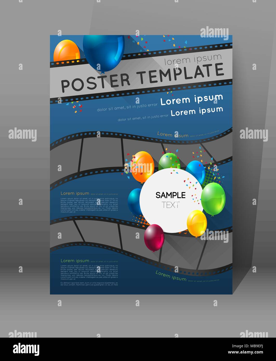 abstract movie poster template with film strips and colorful balloons ...
