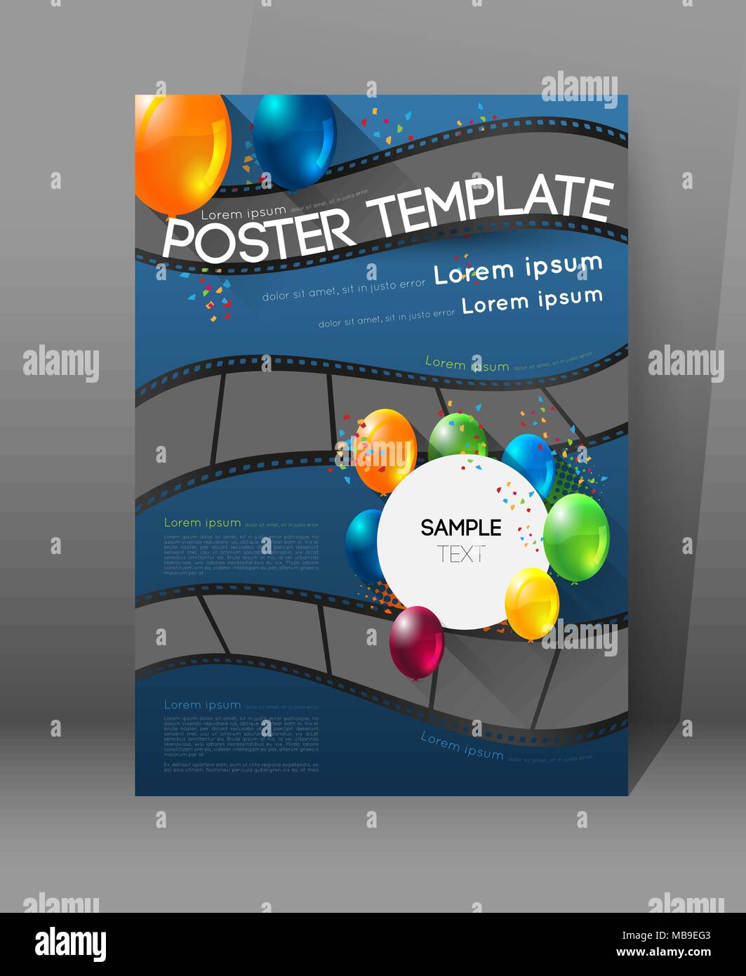 abstract movie poster template with film strips and colorful balloons ...